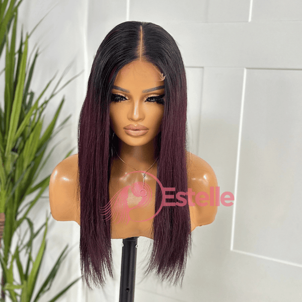 16'' Straight Rooted / Dark Red Human Hair Lob Wig -Candy