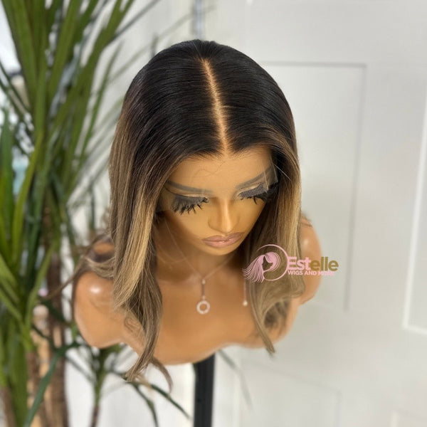 12" Rooted ash Brown Mix Blonde Human Hair Wig 130 Density